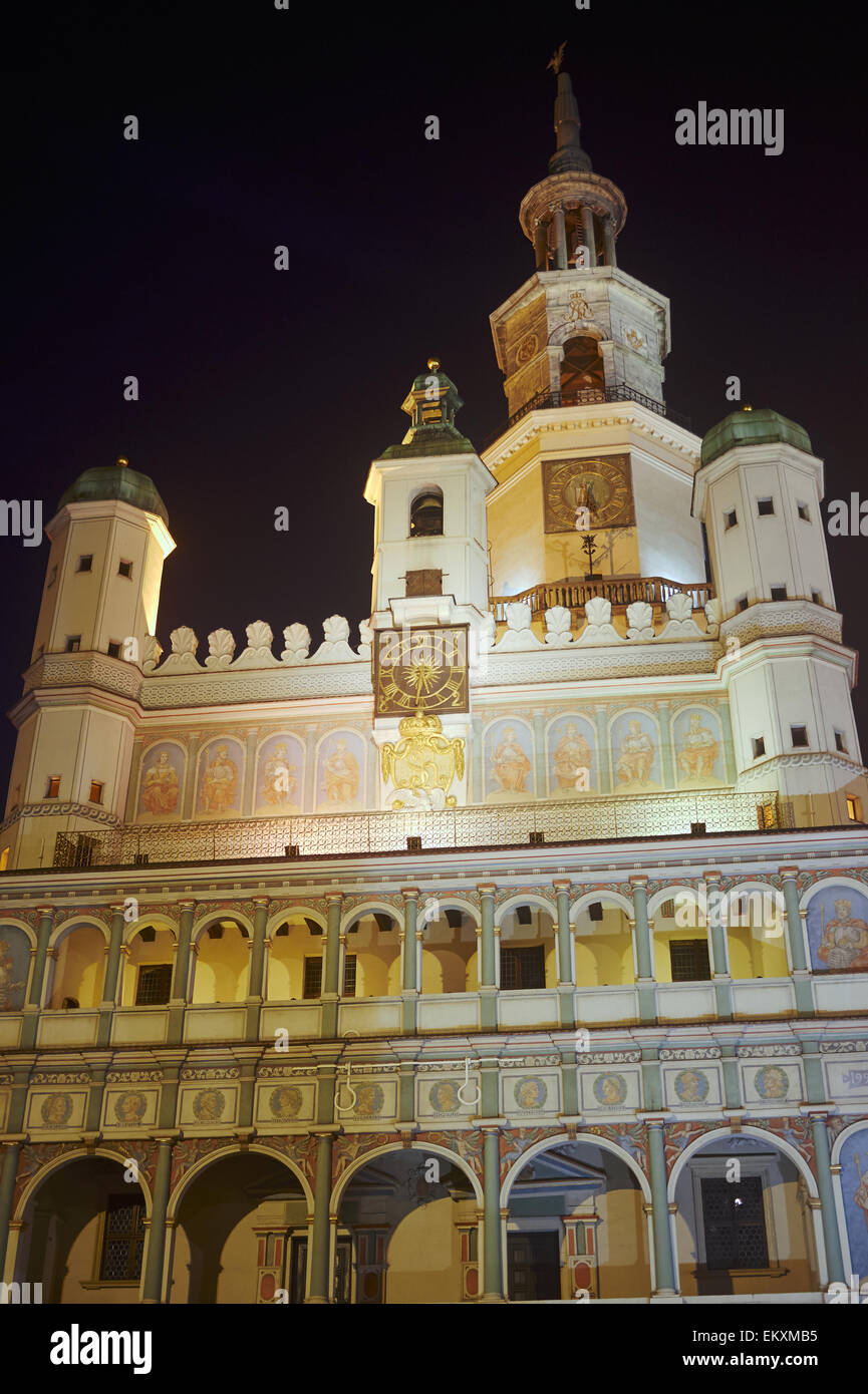 Renaissance facade of the town hall at night in Poznan, Poland Stock ...