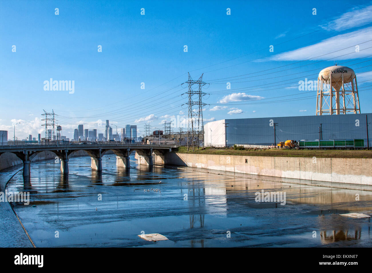 The Los Angeles River with the Vernon water tower and the Los Angeles ...