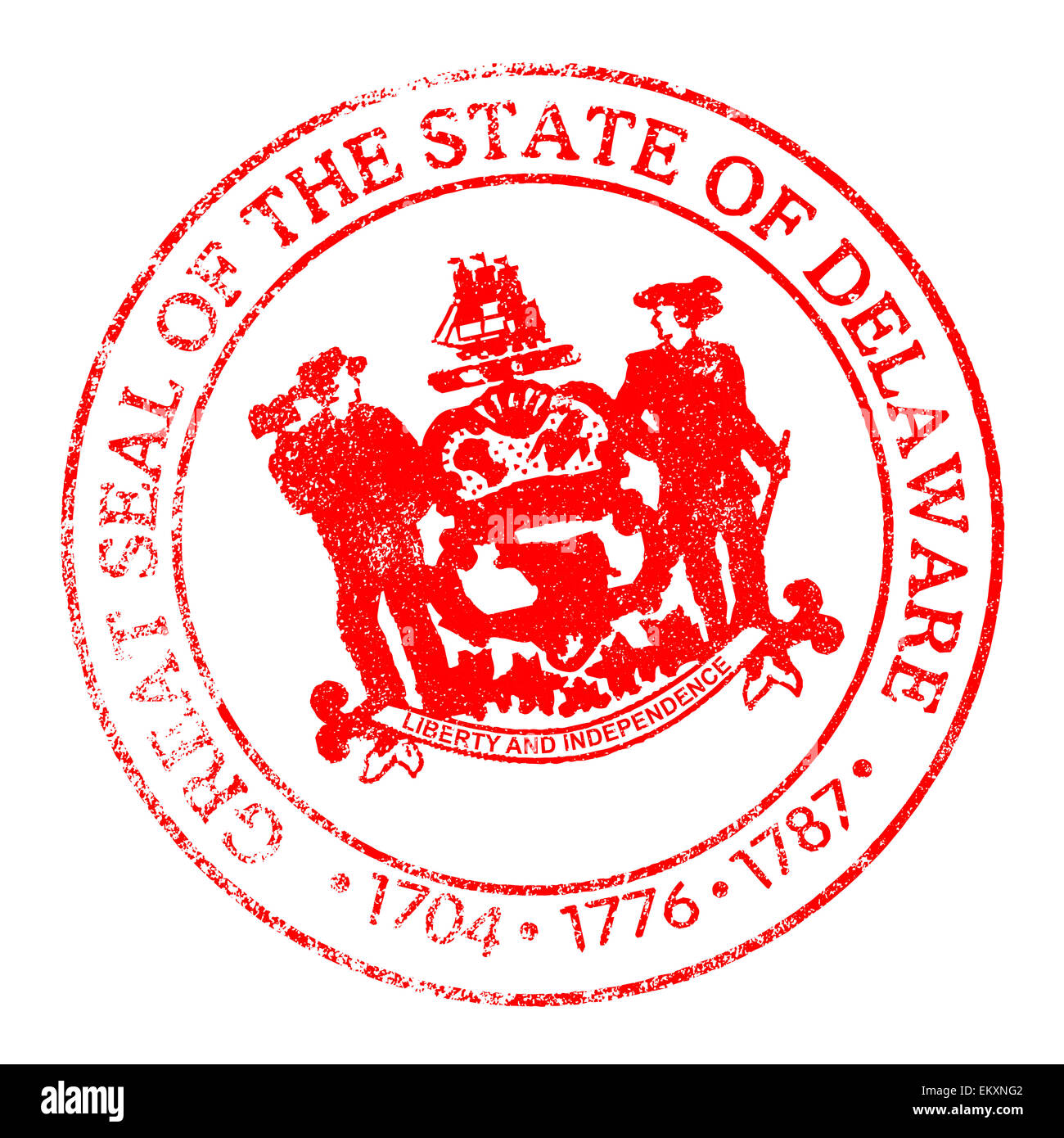 The state seal of Delaware as a rubber stamp over a white background ...