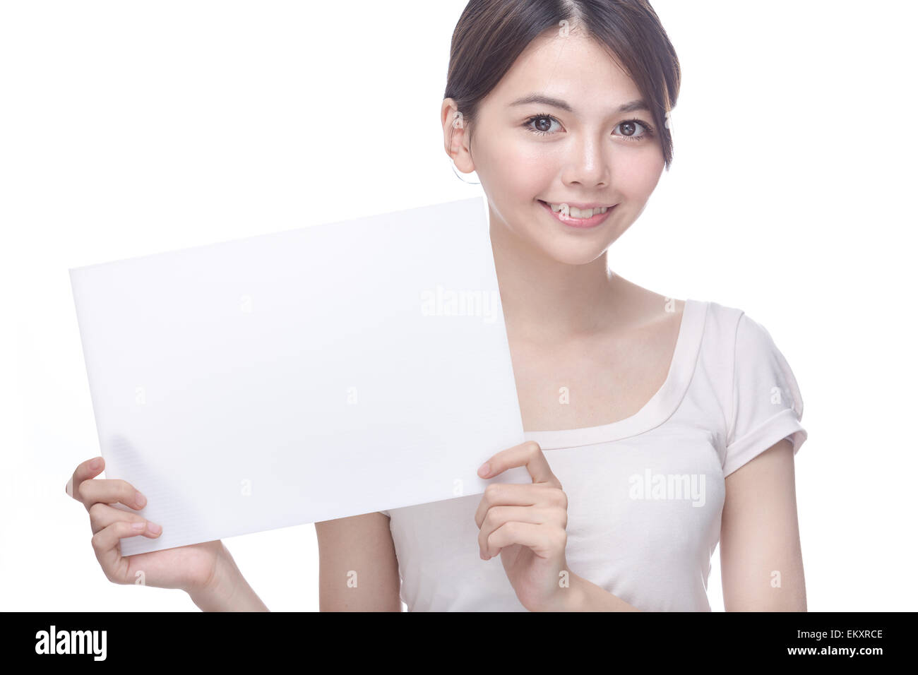 Asian chinese woman showing holding sign with hands with white ...