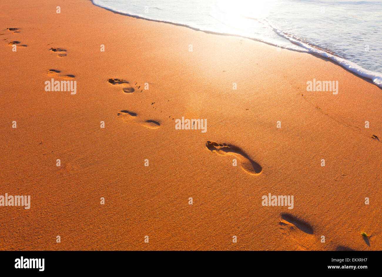 beach, wave and footsteps at sunset time Stock Photo - Alamy