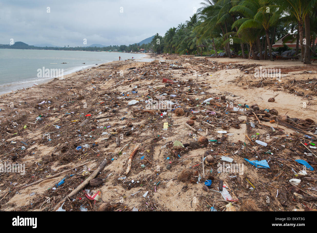 KOH SAMUI, THAILAND - APRIL 1: Flood and storm debris on Meanam beach ...