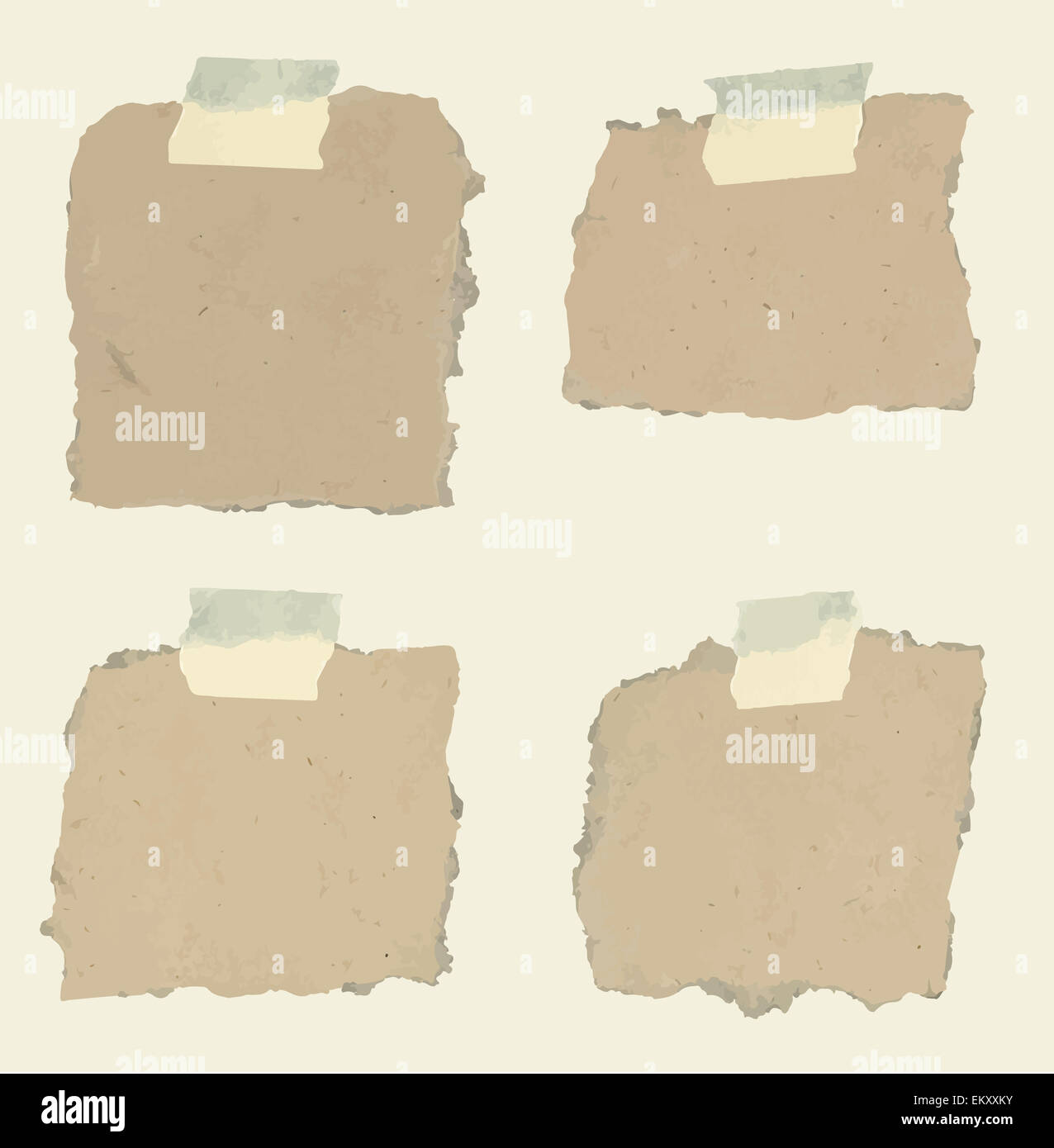Set of various torned note papers with adhesive, sticky tape on brown ...