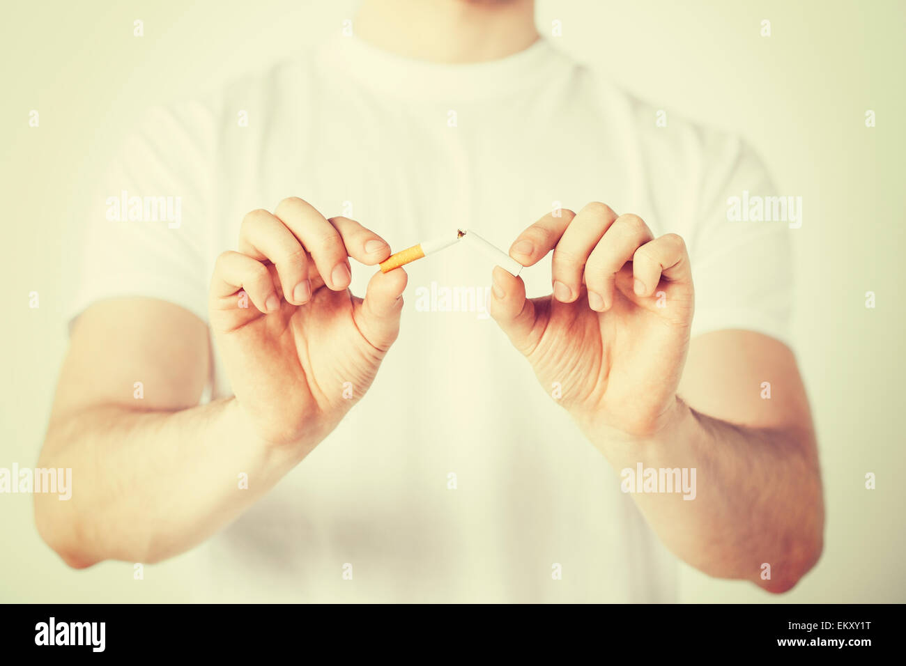 man breaking the cigarette with hands Stock Photo - Alamy