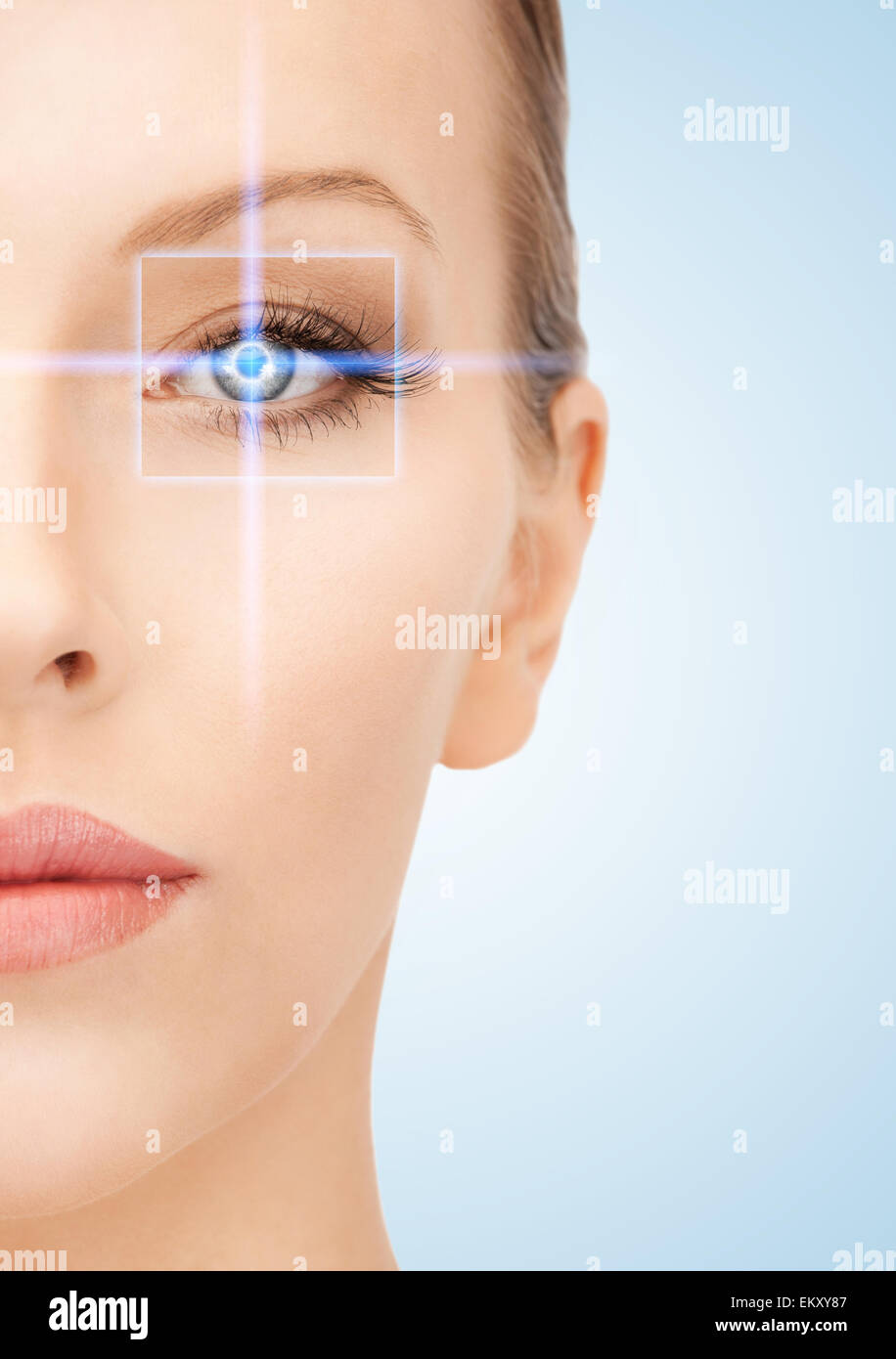 beautiful woman pointing to eye Stock Photo - Alamy