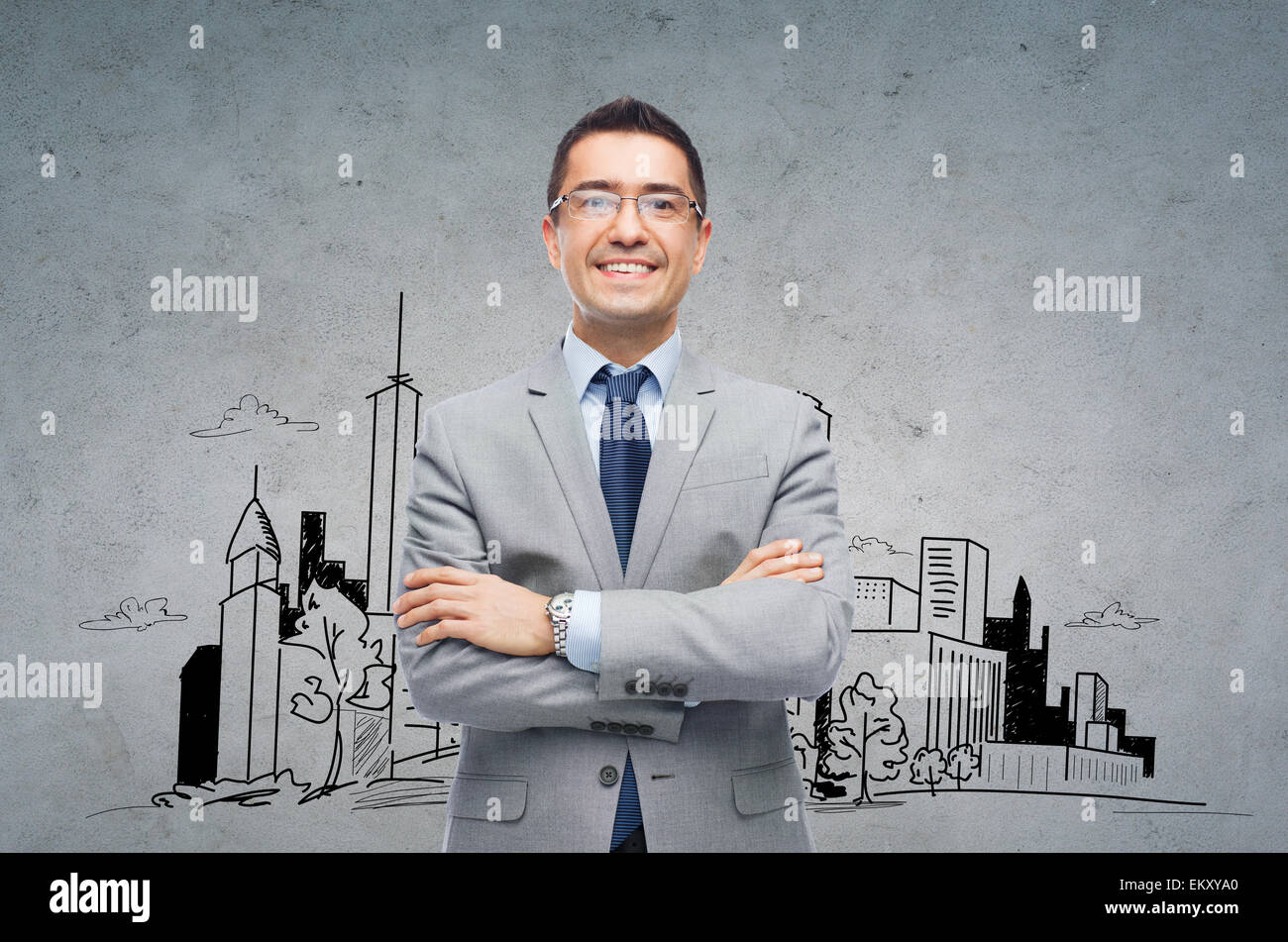 happy smiling businessman in eyeglasses and suit Stock Photo - Alamy