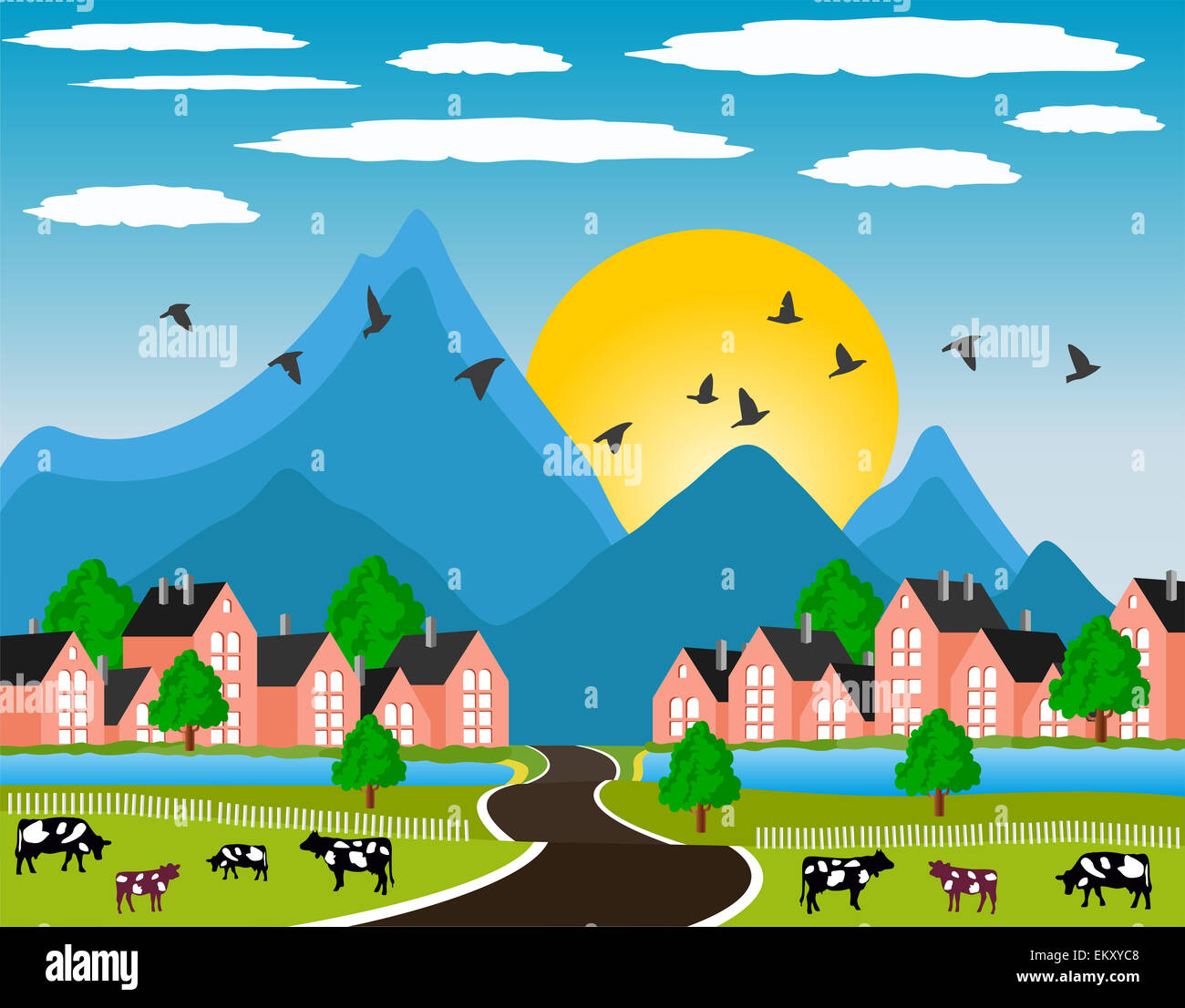 Rural landscape with small town in mountain Stock Photo - Alamy