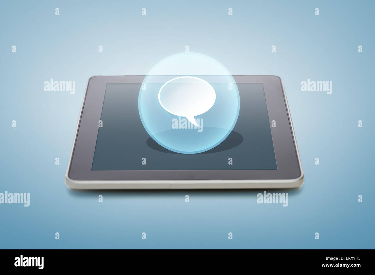 tablet pc with bank text bubble icon over screen Stock Photo - Alamy