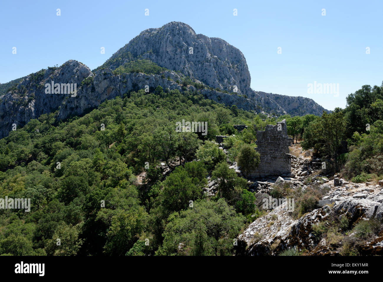Panoramic view over ancient ruins overlooked by Mt. Solymus and the ...