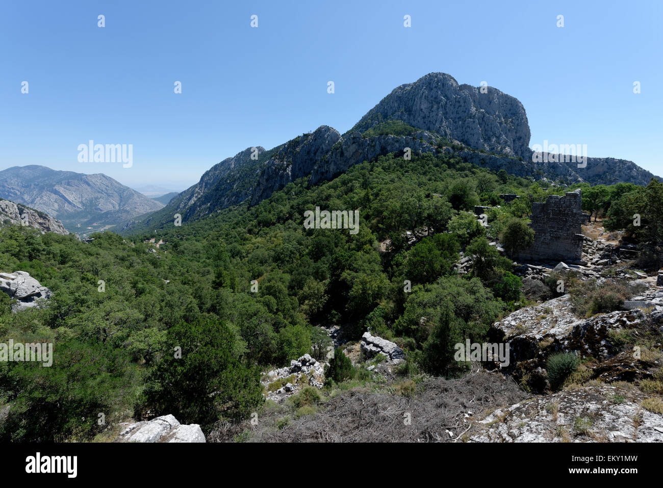 Panoramic view over ancient ruins overlooked by Mt. Solymus and the ...