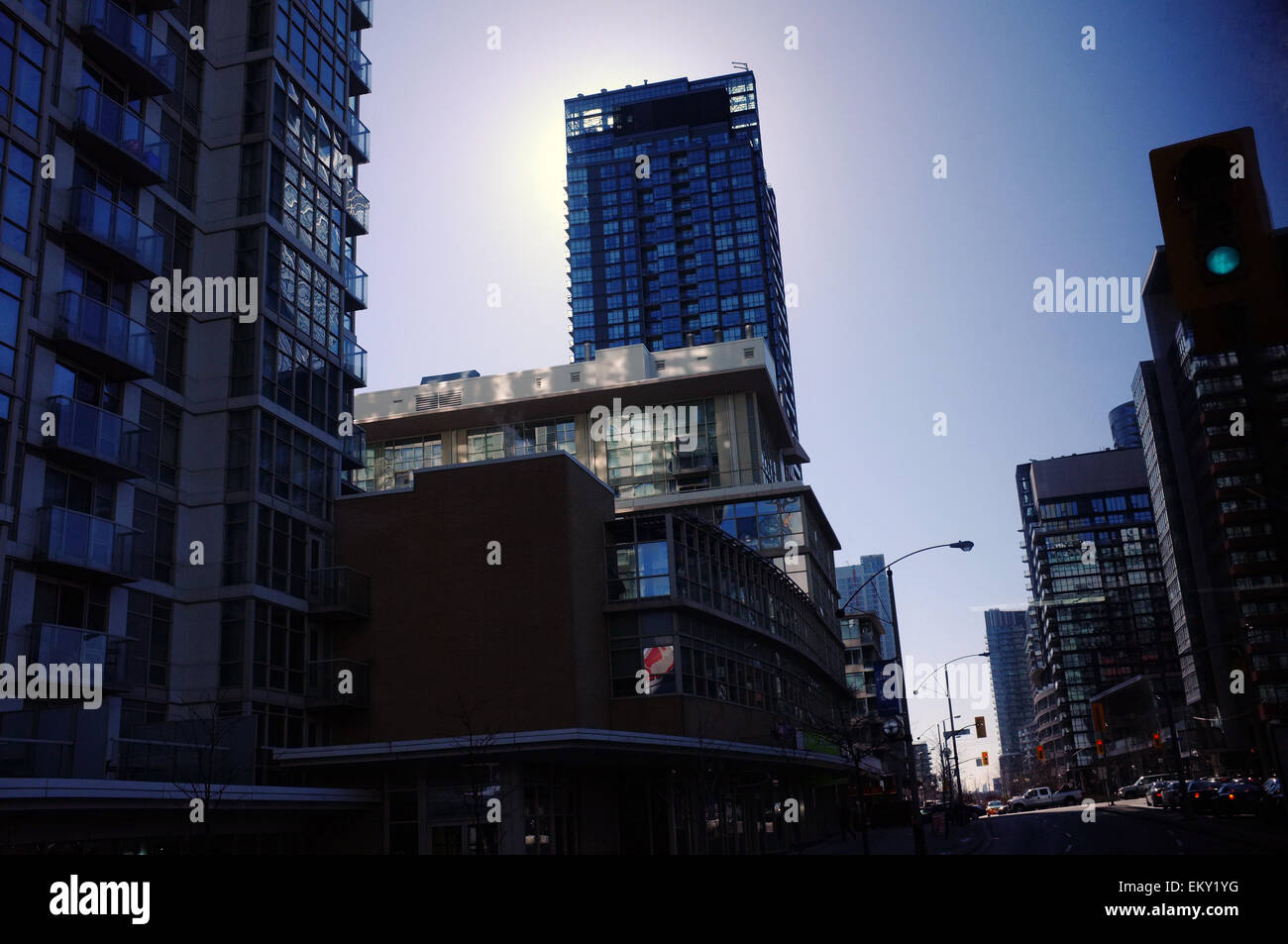 High rise buildings over a street in the centre of Toronto in Canada ...