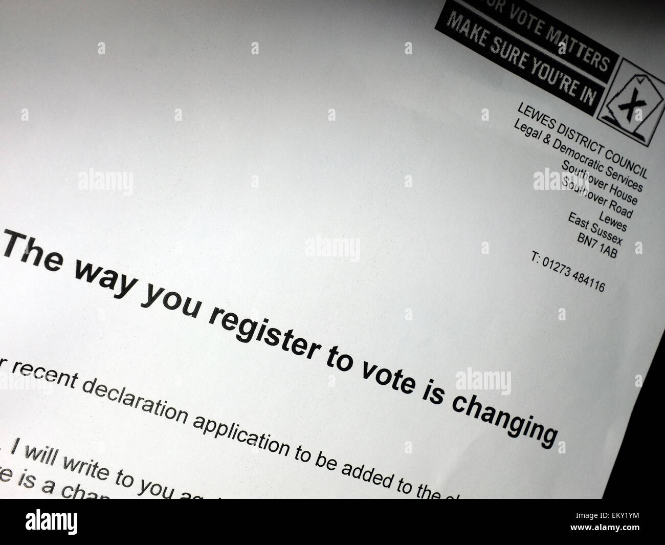 A UK voter registration form sent from Lewes District Council Stock ...