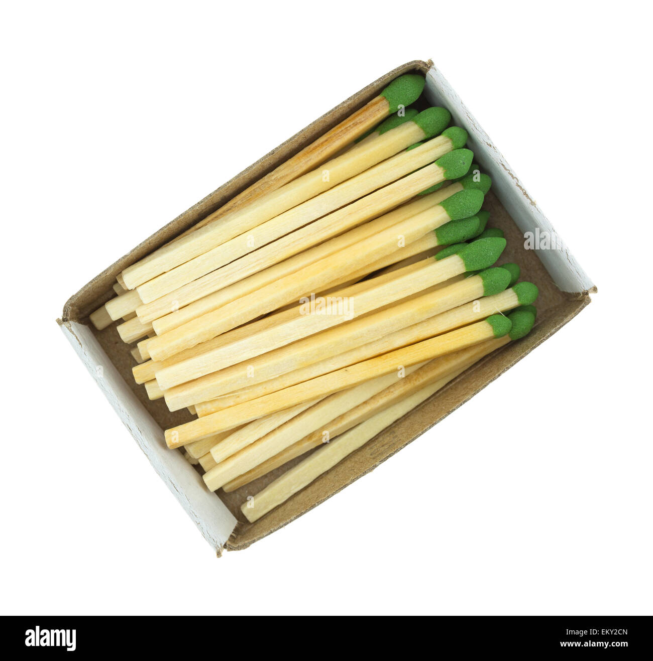 Top view of a box of green sulfur tipped matchsticks atop a white ...