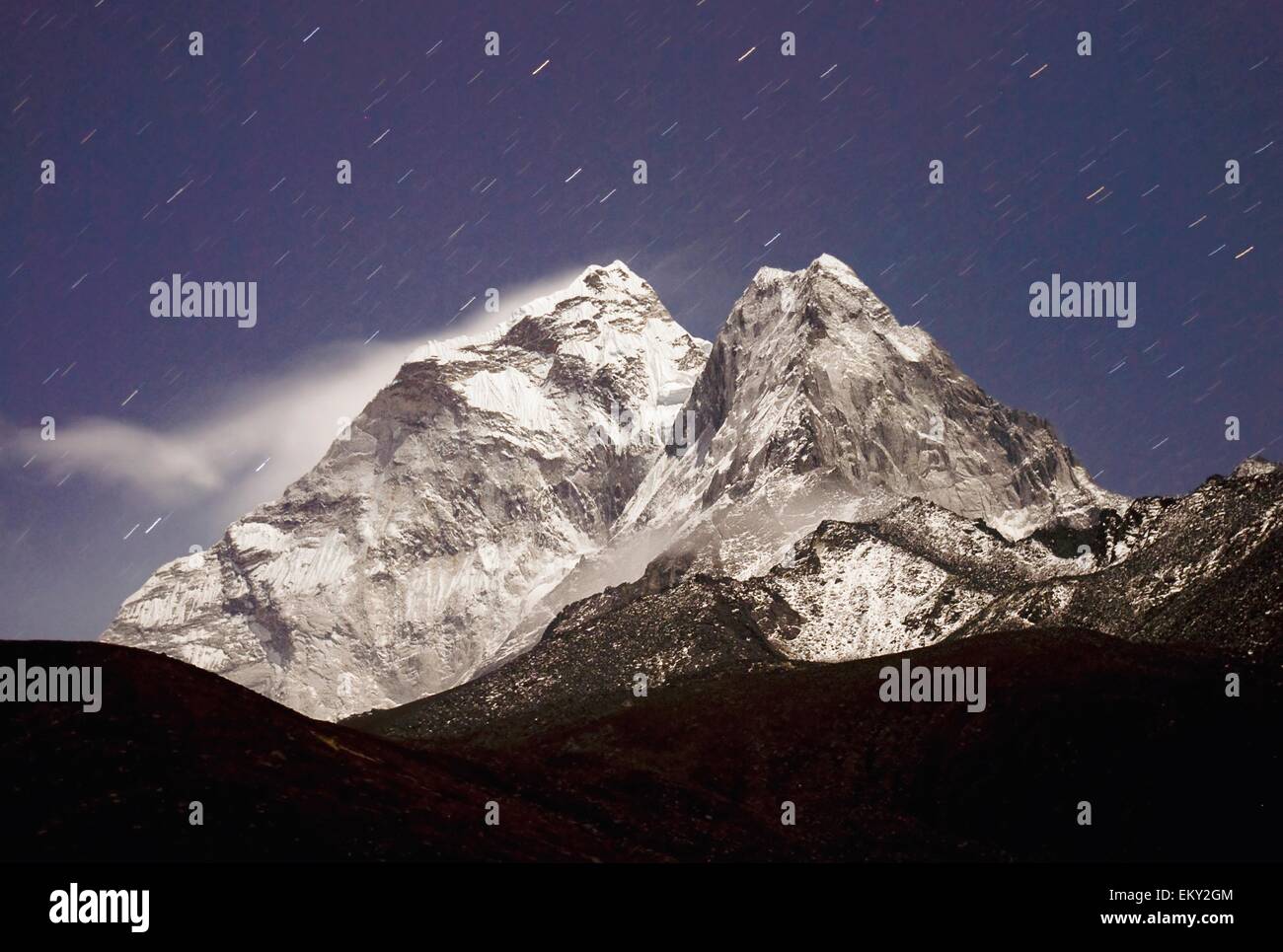 Night View With Star Trails; Ama Dablam, Dingboche, Nepal Stock Photo ...
