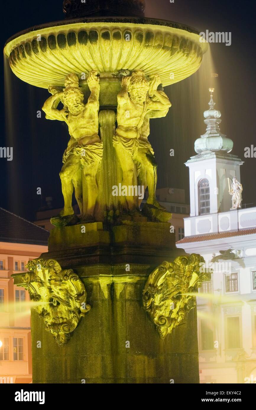 Samson's Fountain And Town Hall At Night; Cesky Krumlov, Czech Republic ...