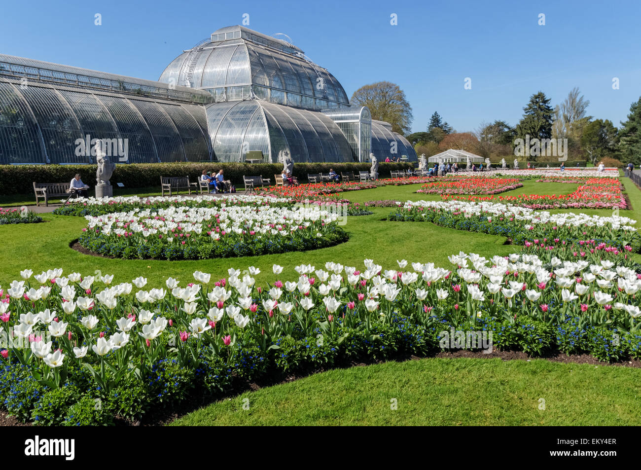 Blooming spring flowers in front of the Palm House at the Kew Gardens ...