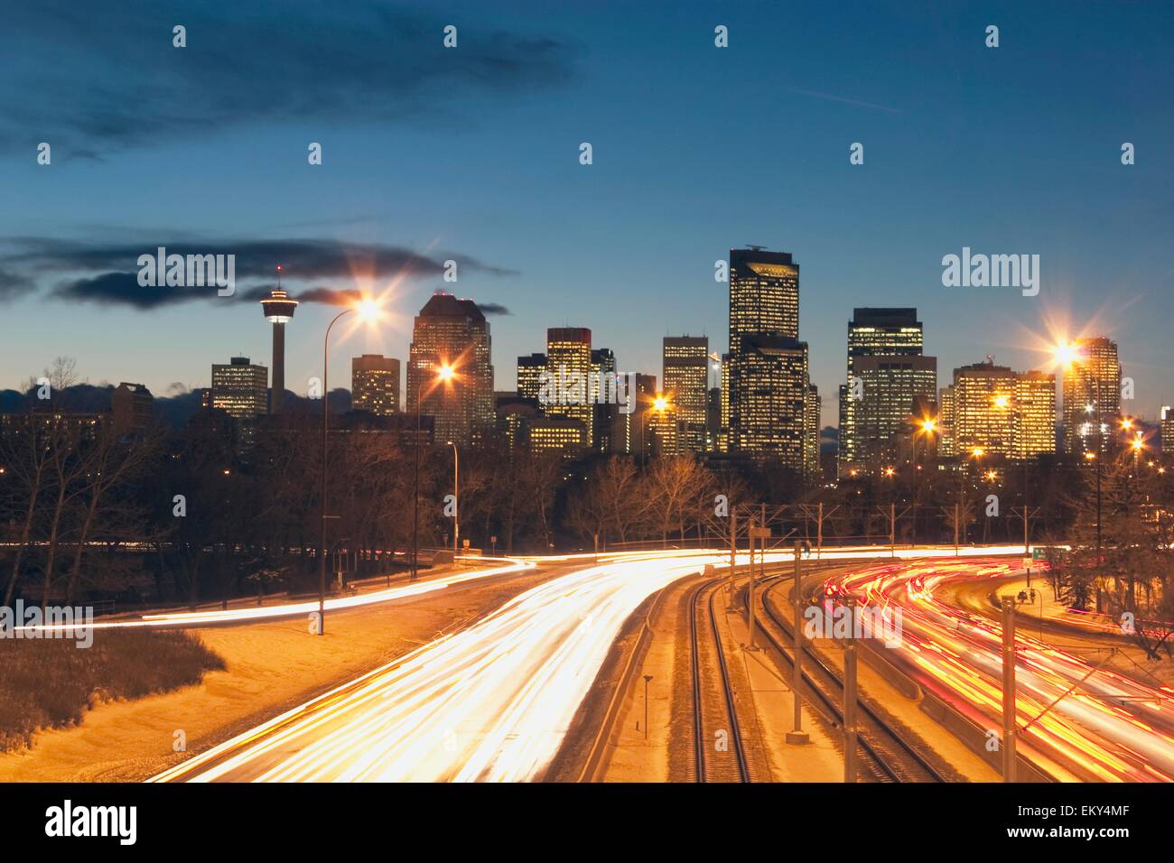 Calgary, Alberta, Canada; Skyline At Night With Car Lights On The Road ...