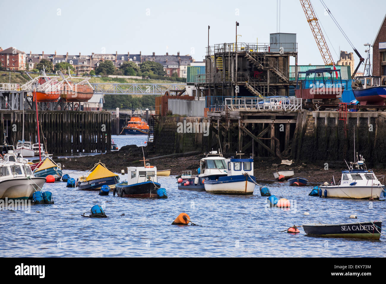 Boats and buoys in the river Tyne along the waterfront; South Shields ...
