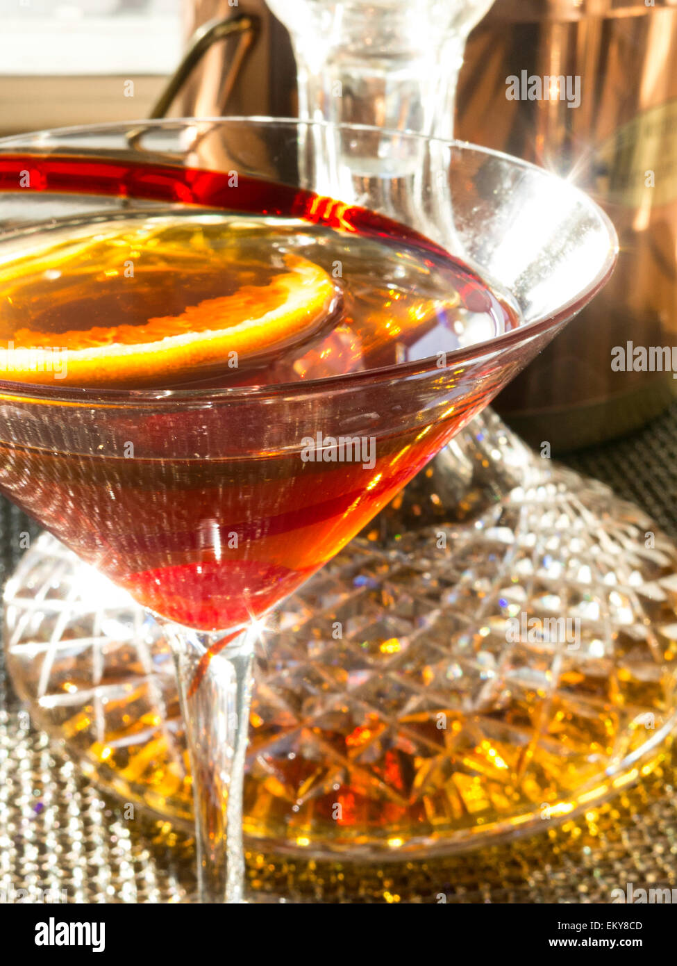 Classic Manhattan Straight Up with Crystal Decanter Stock Photo - Alamy