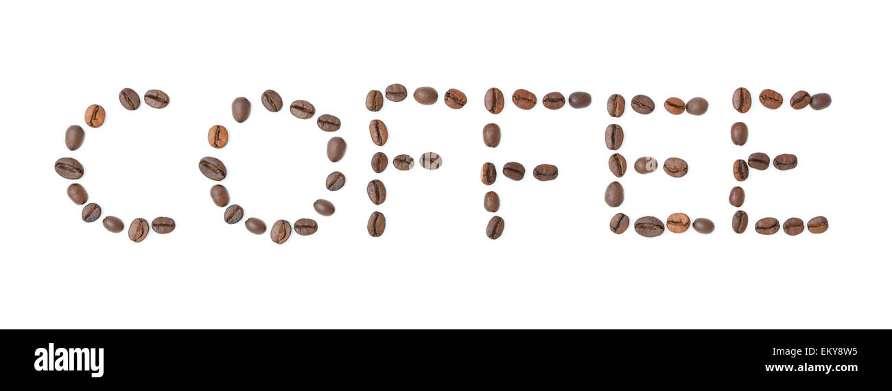 Writing COFFEE made of coffee beans isolated on white background studio ...