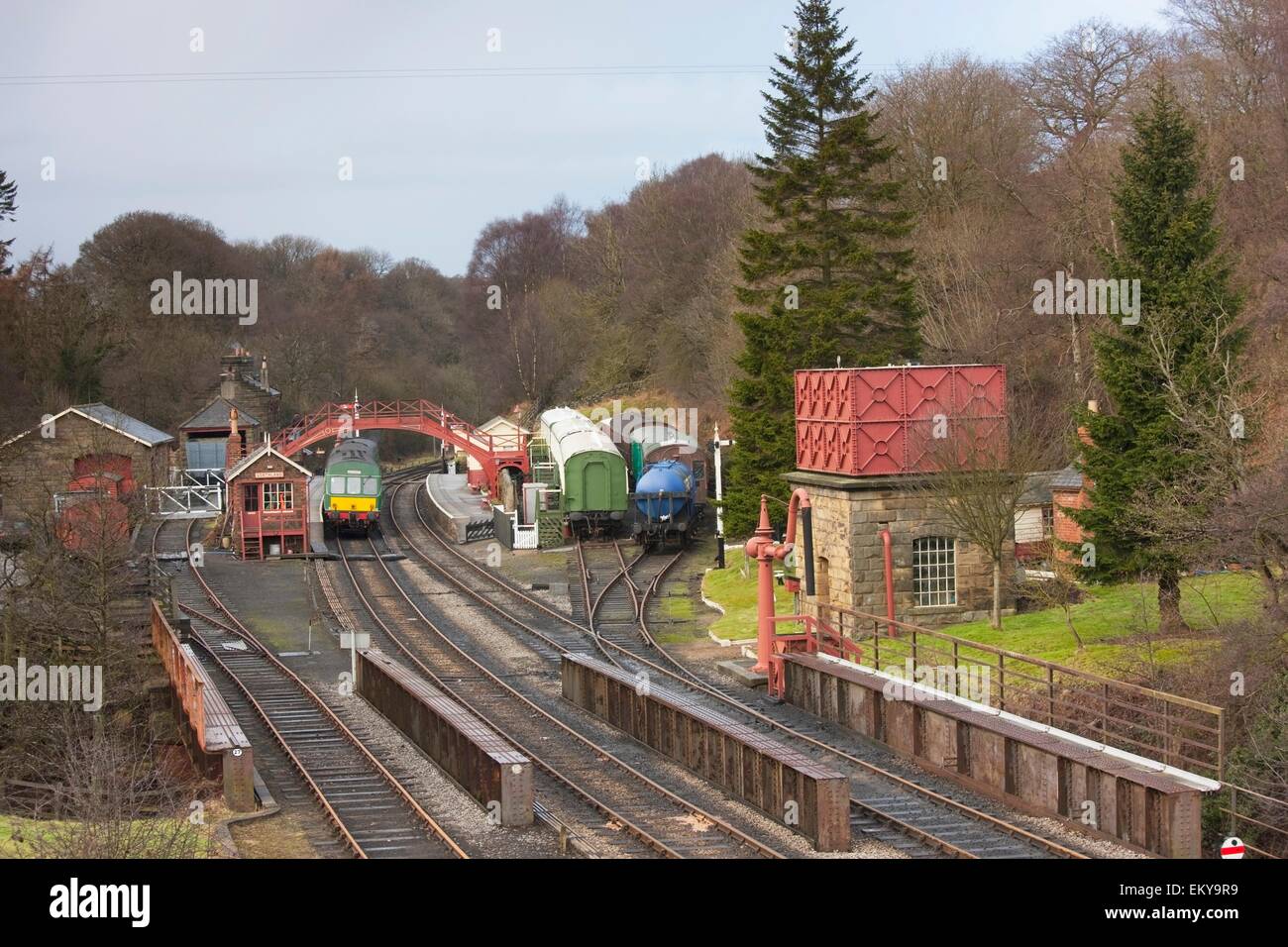 Trains On The Tracks And Switches; North Yorkshire, England Stock Photo ...
