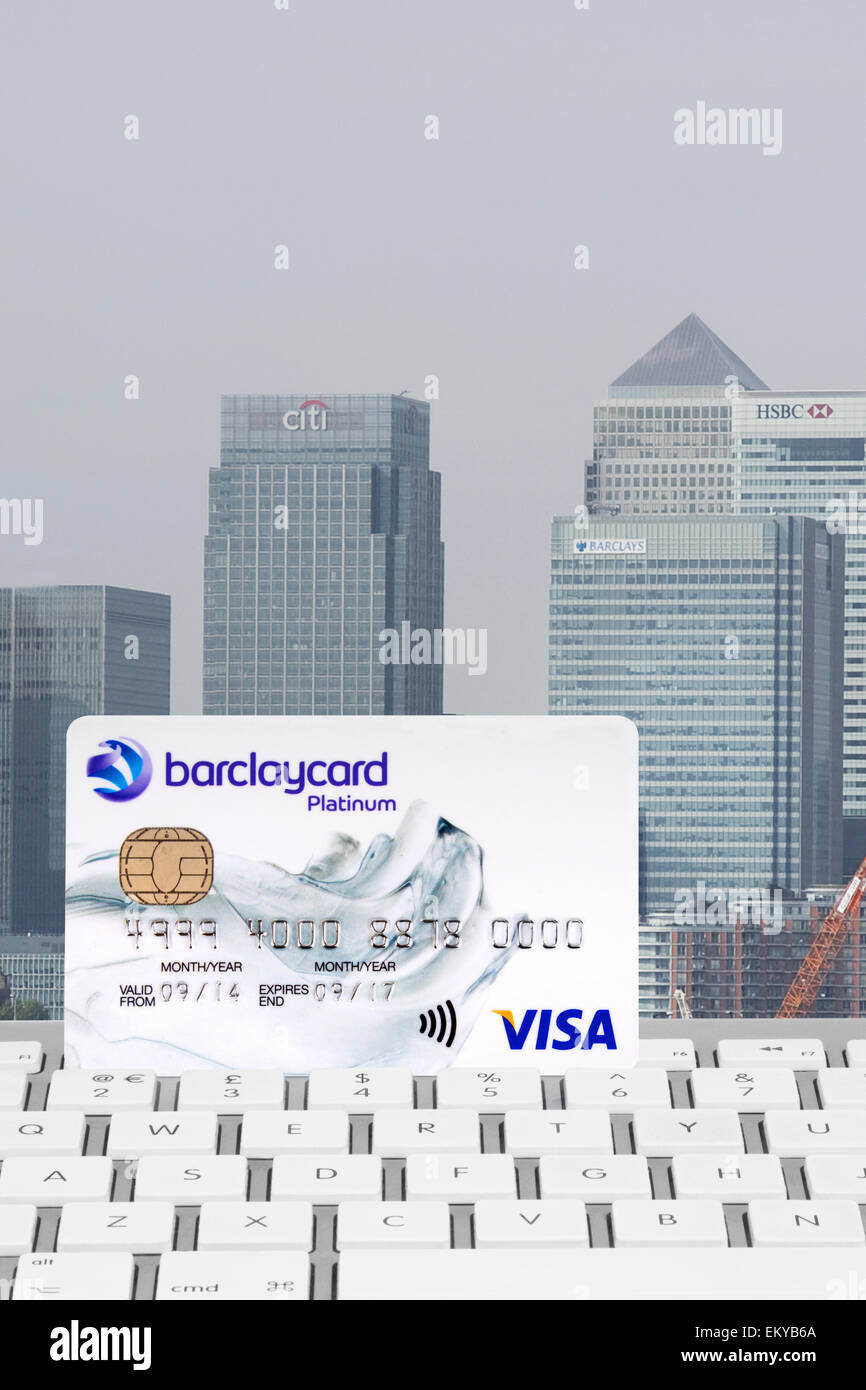 Barclaycard Visa Bank card on a computer keyboard with Canary Wharf ...