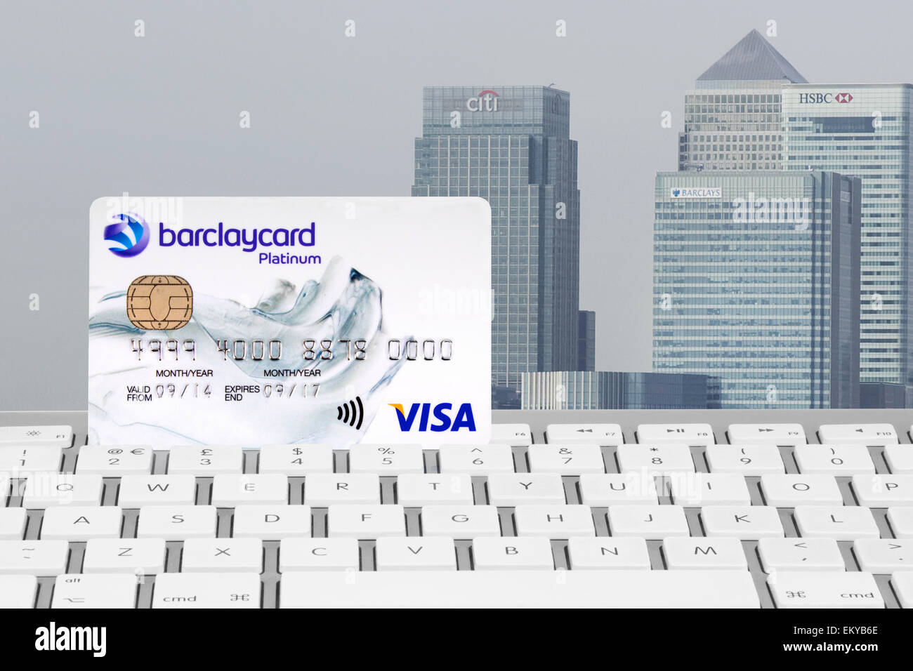 Barclaycard Visa Bank card on a computer keyboard with Canary Wharf ...