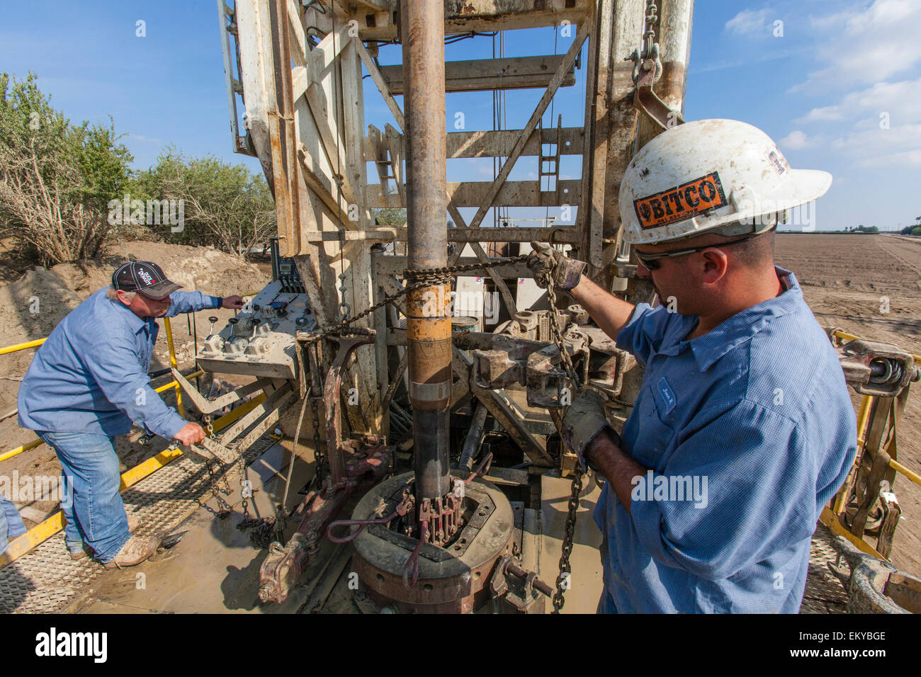 Water well being drilled in Almond orchard. Tulare County, San Joaquin ...