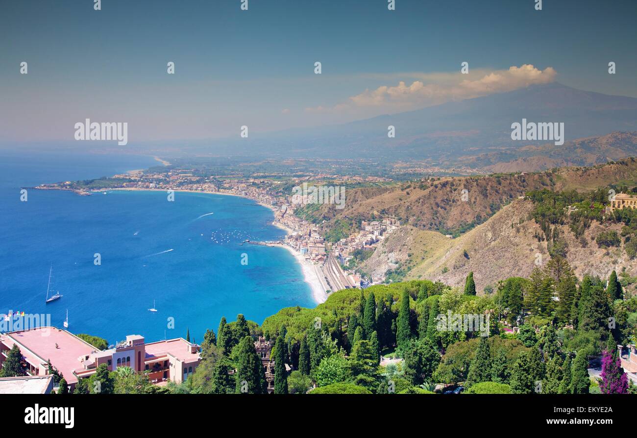 View Of Giardini Naxos And Mount Etna; Taormina, Sicily, Italy Stock ...