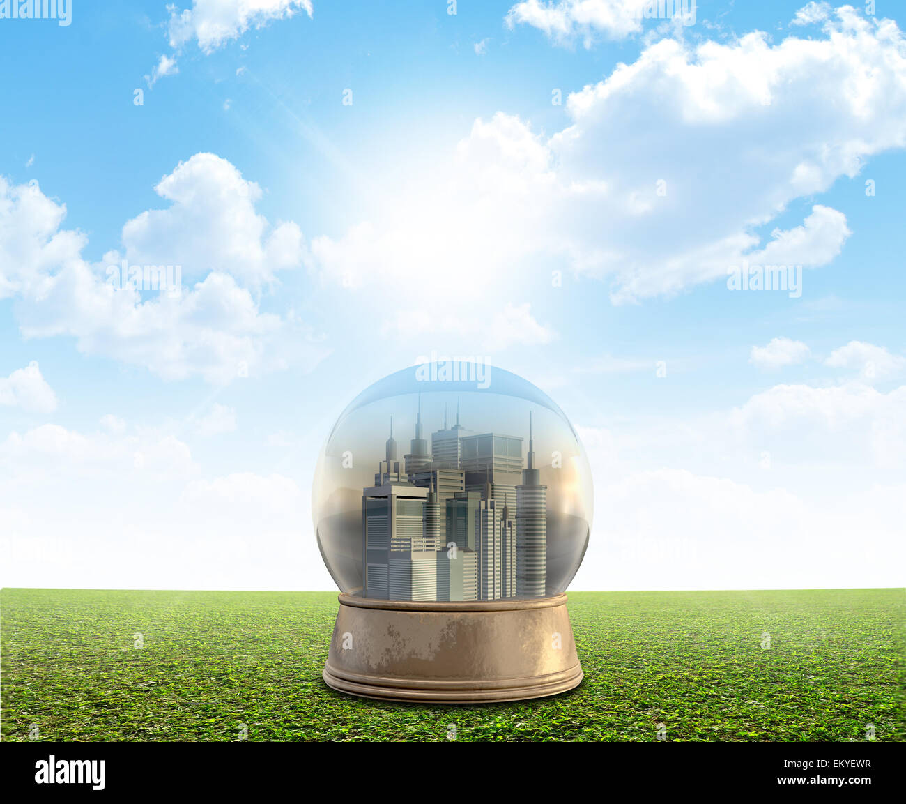 A snow globe with a city surrounded by pollution and smog on a perfect ...