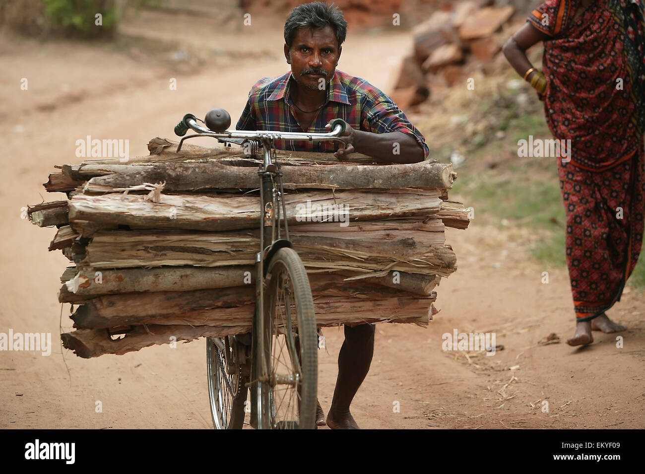 Man pushing heavy load of firewood for sale in the village; Ratapata ...