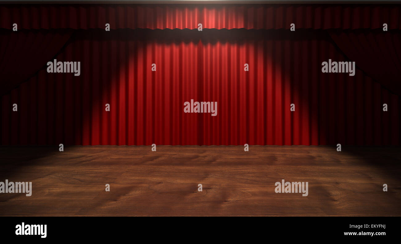 A regular theater stage with closed red curtains lit by a single ...