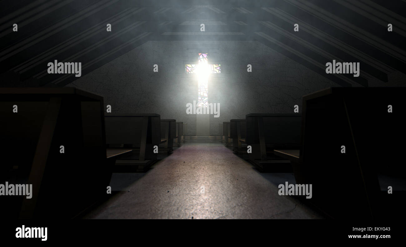 A dim old church interior lit by suns rays penetrating through a ...