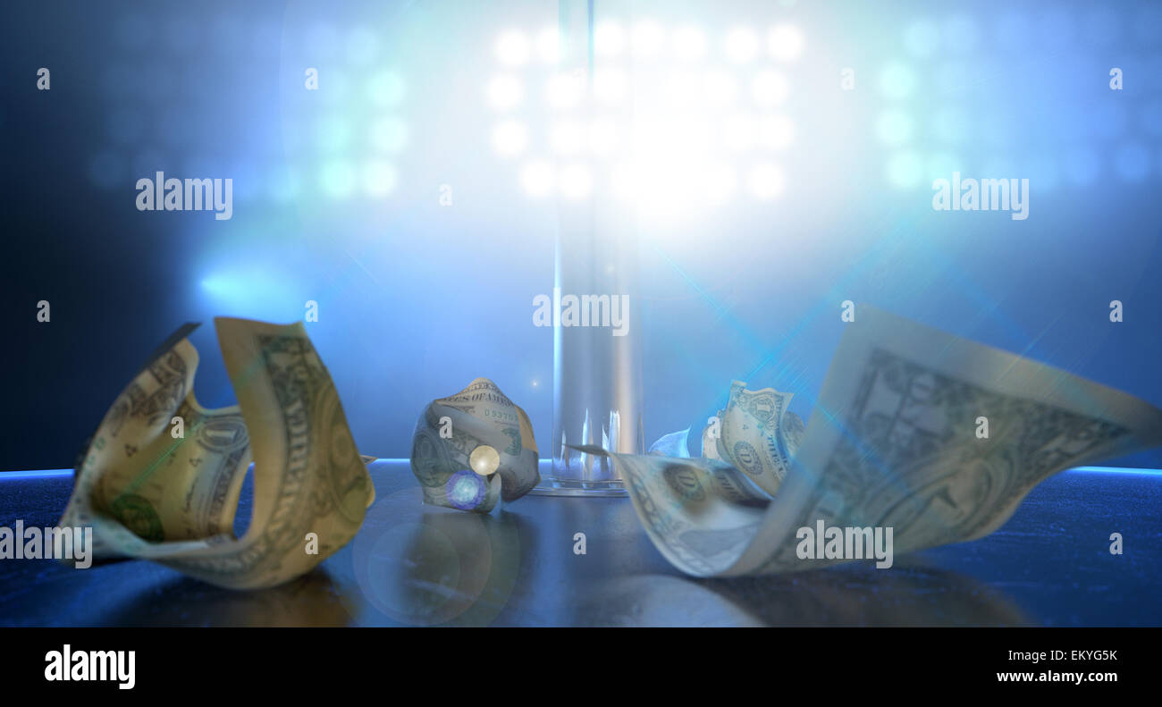 An isolated stripper pole on a stage lit by a single spotlight ...