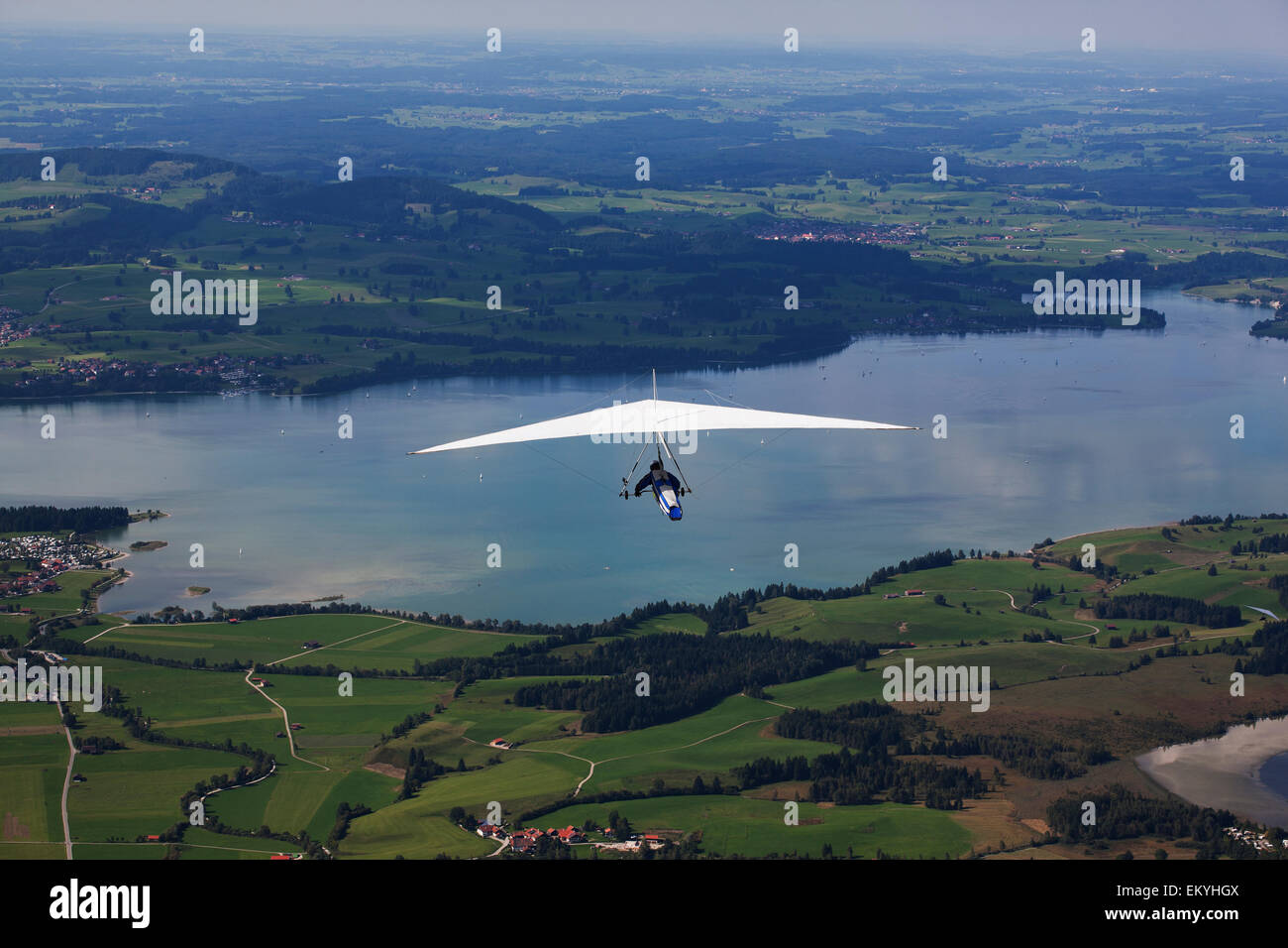 Hang Glider Flying Over Fields And Lake Below; Schwangau, Germany Stock ...