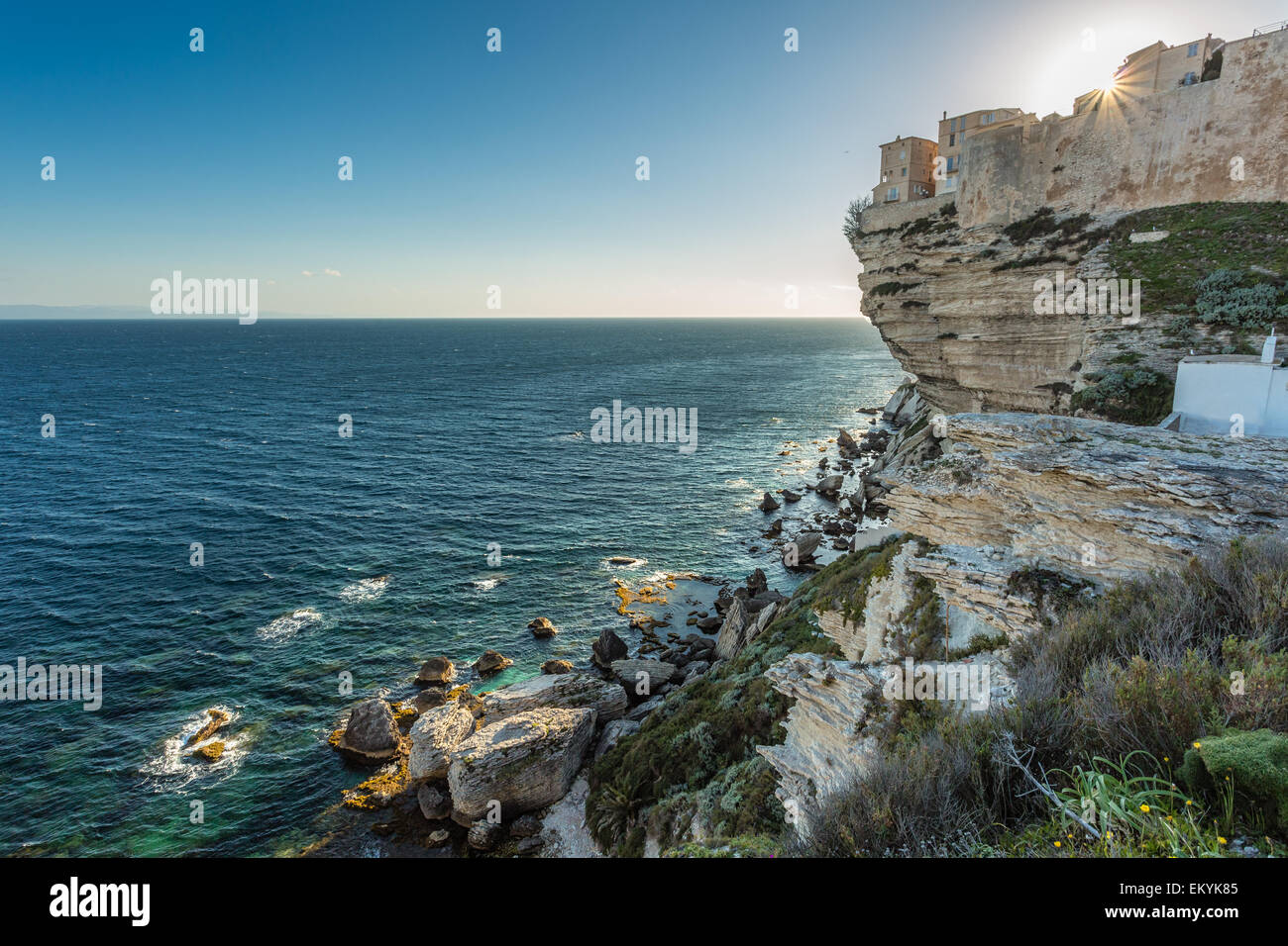 The citadel, wall and houses of Bonifacio in the south of Corsica ...