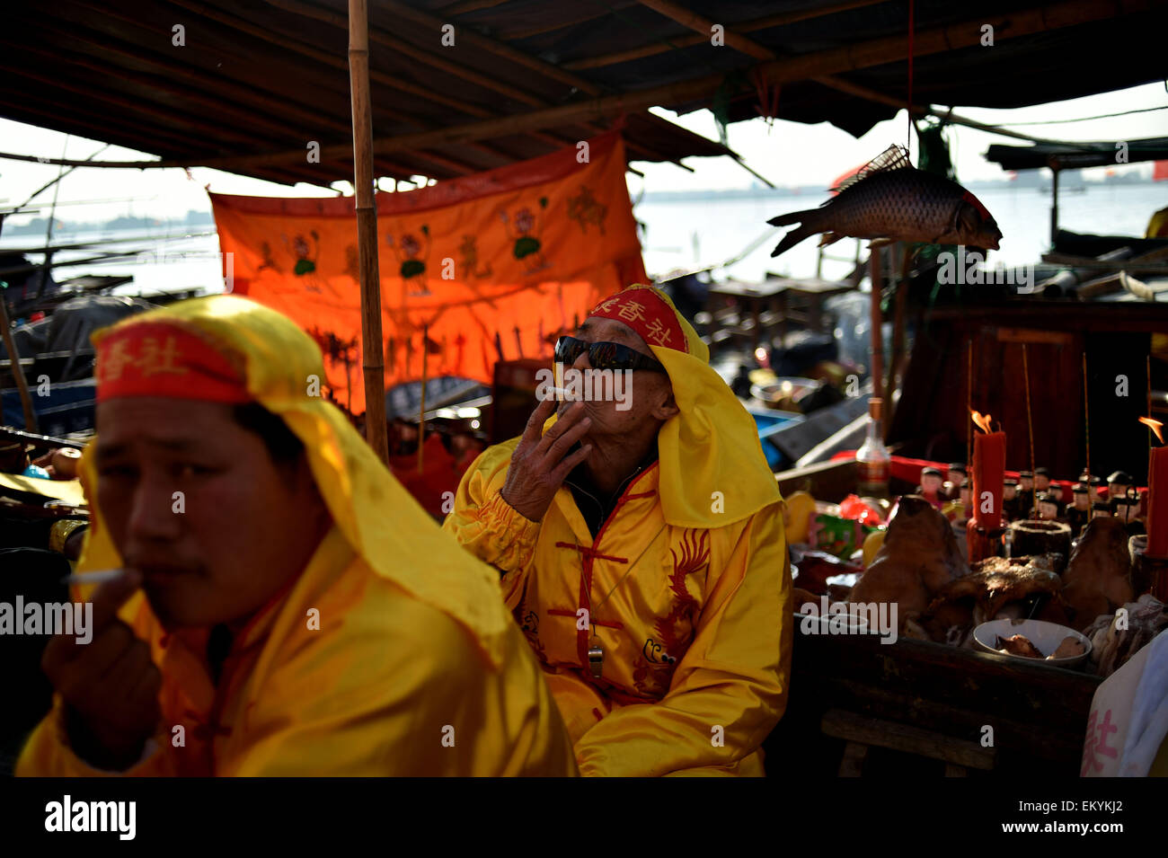 Jiaxing, China. 15th Apr, 2015. Local people attends traditional water ...