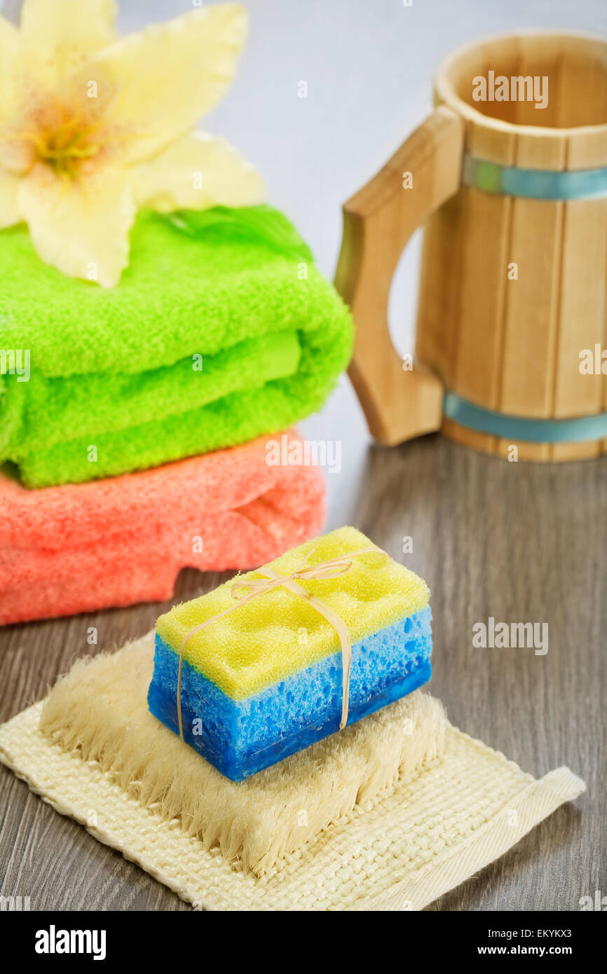 composition of accessories for bathing Stock Photo - Alamy