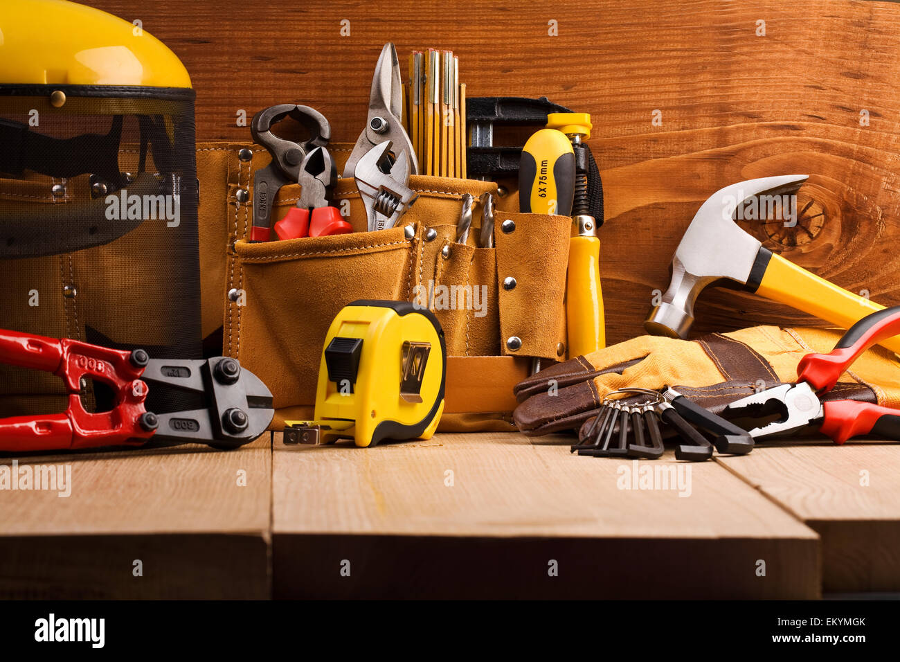 set of working tools on wooden boards Stock Photo - Alamy