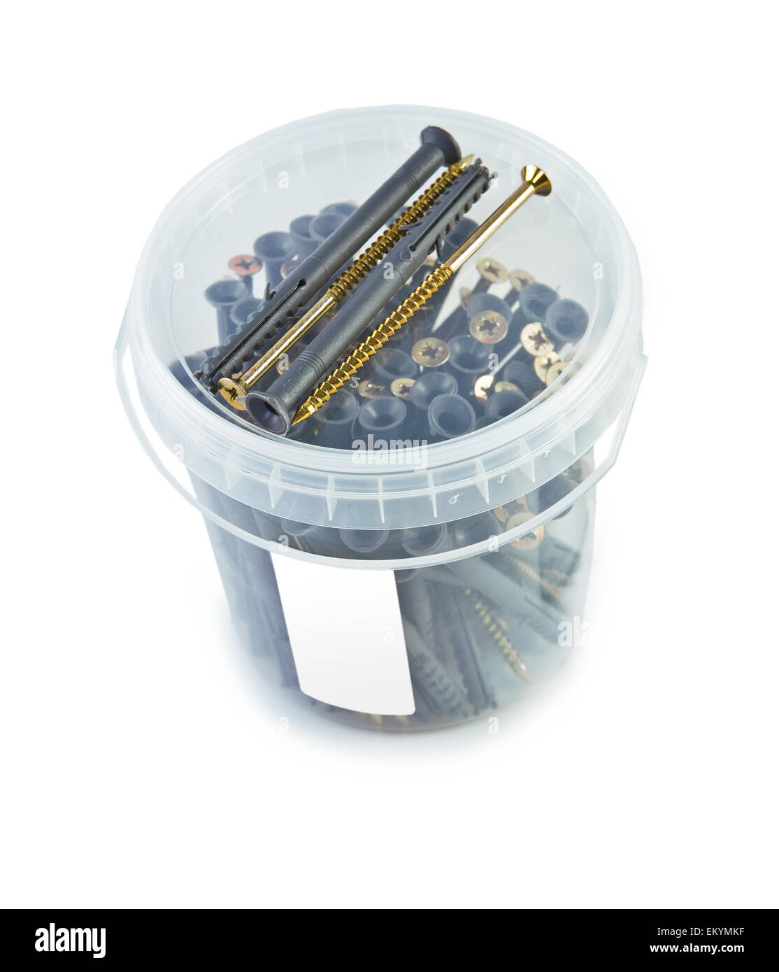 Bucket of screws label Stock Photo - Alamy