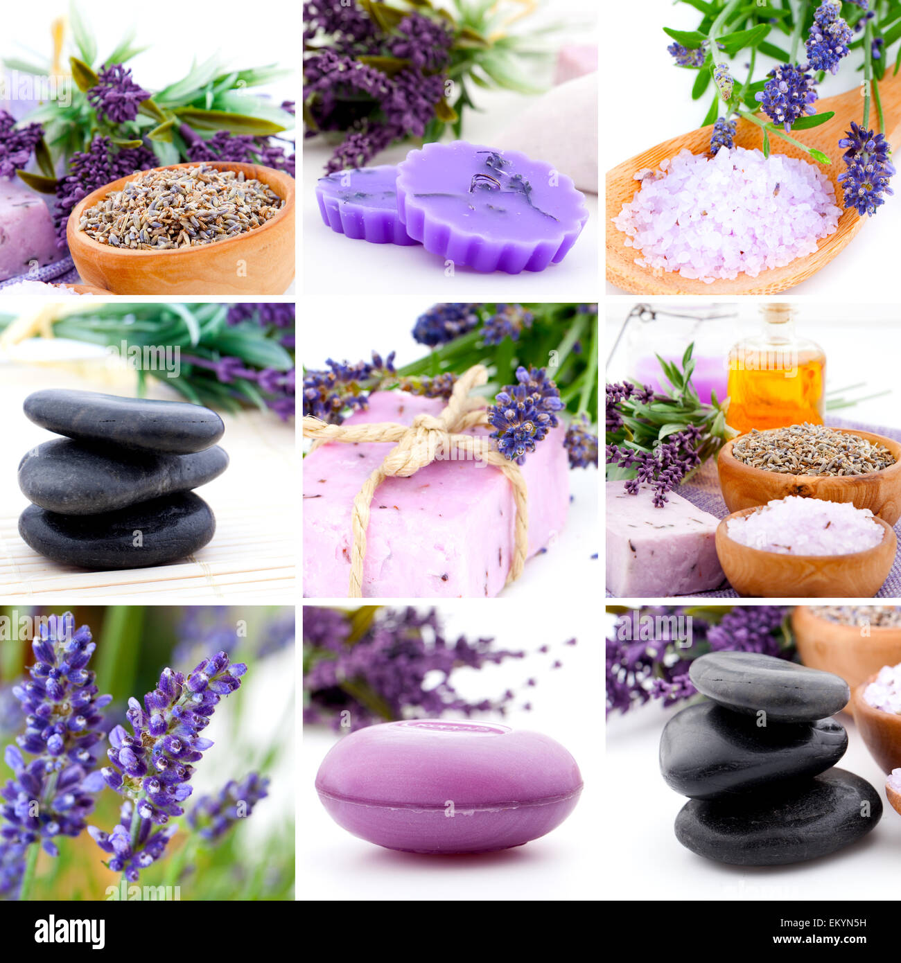 Lavender collage with nine photos, Spa stones Stock Photo - Alamy