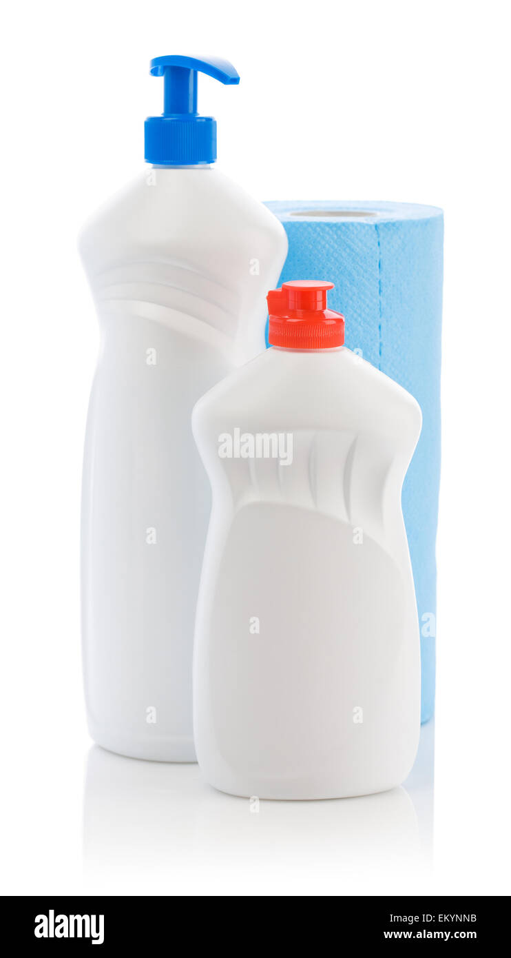 composition of white cleaners and blue towel Stock Photo - Alamy