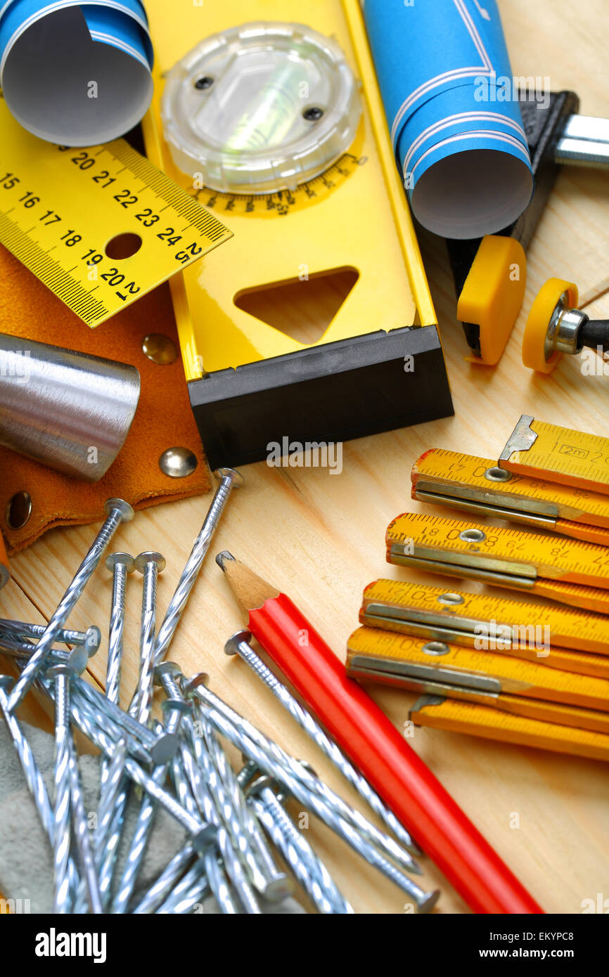 construction tools on wood Stock Photo - Alamy