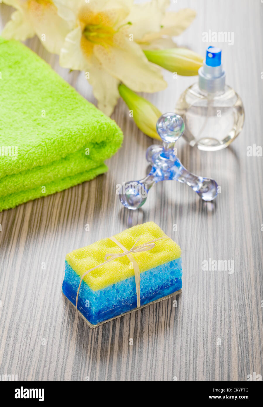bath objects and flower on wooden background Stock Photo - Alamy