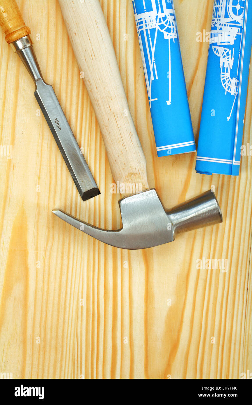 hammer chisel blueprints Stock Photo - Alamy