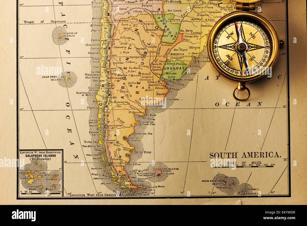 Antique compass over old XIX century map Stock Photo - Alamy