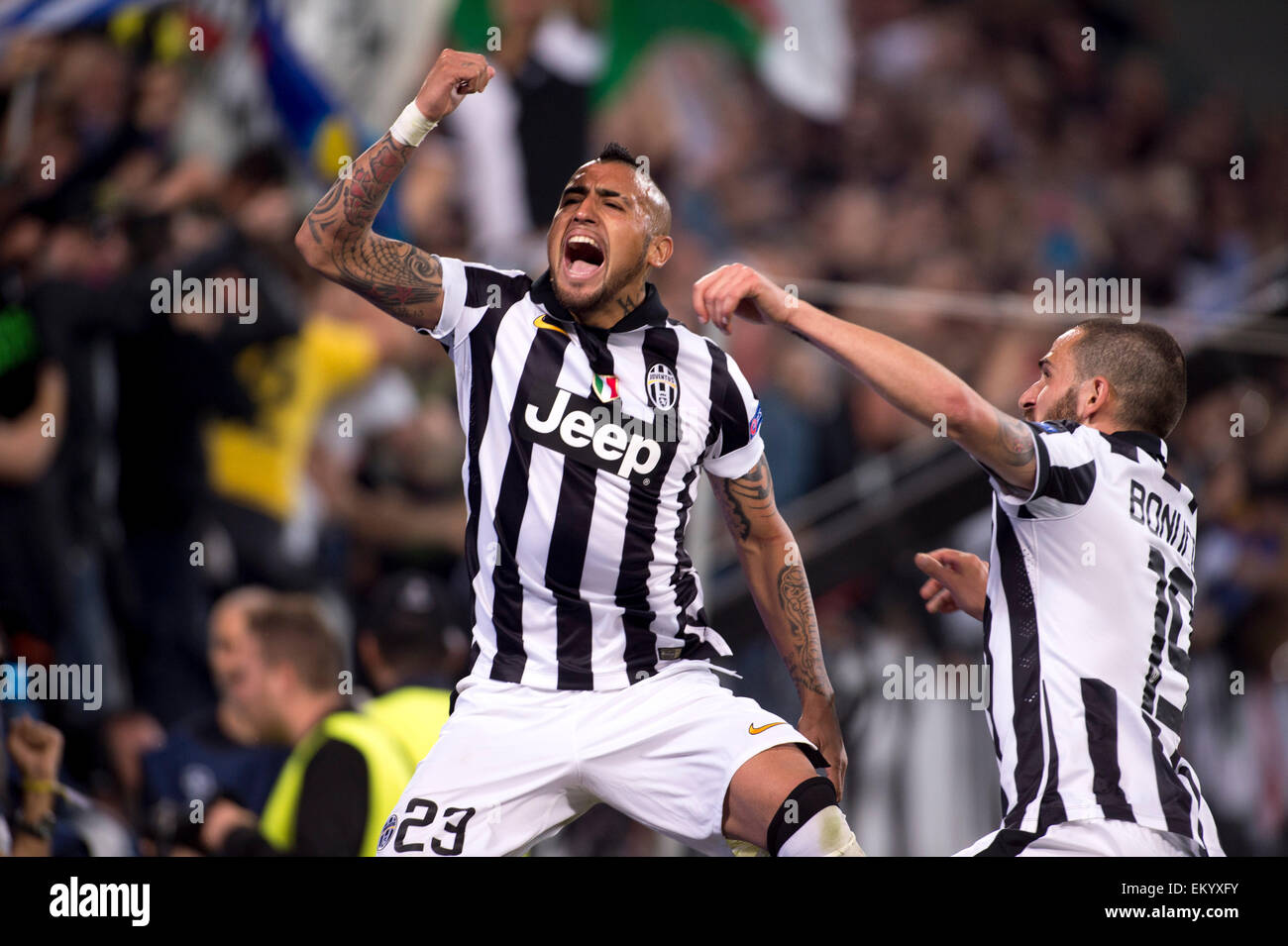 Turin, Italy. 14th Apr, 2015. (L-R) Arturo Vidal, Leonardo Bonucci ...