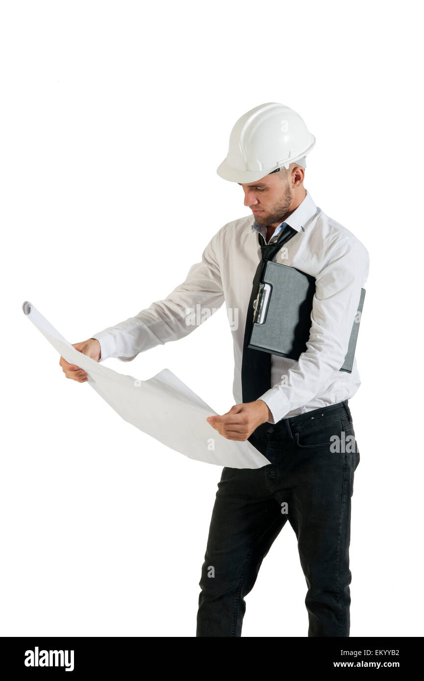 Young handsome construction worker with design plans isolated on white ...
