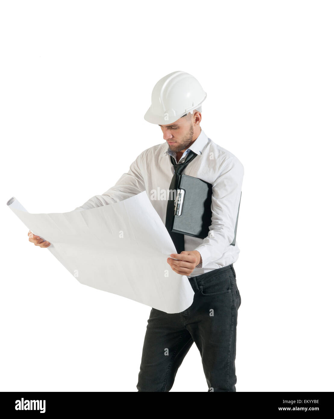 Young handsome construction worker with design plans isolated on white ...