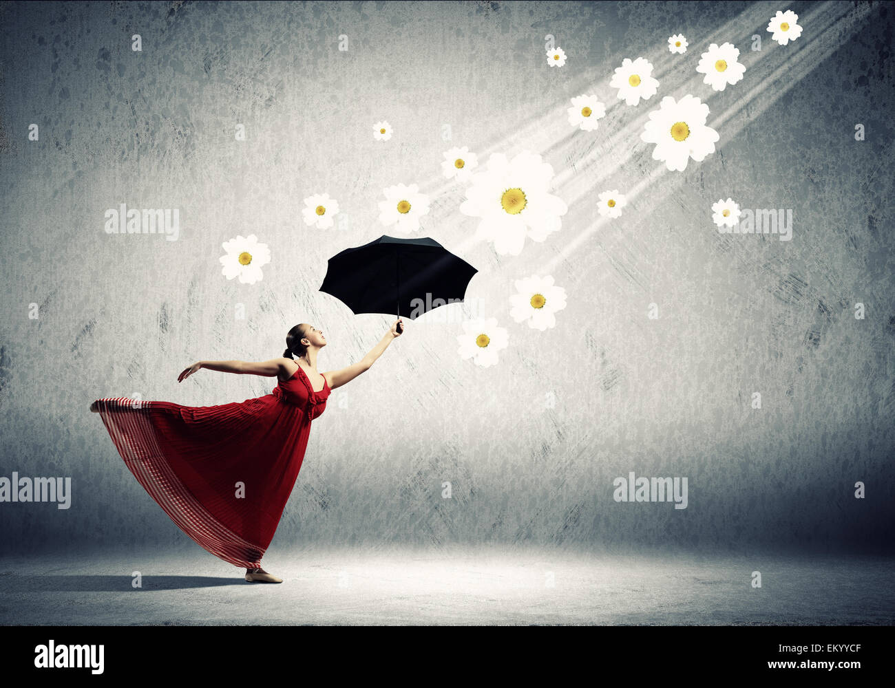Ballet dancer in flying satin dress with umbrella Stock Photo - Alamy
